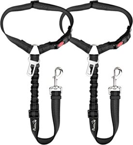 slowton dog seat belt, 2 pack pet car seatbelt with elastic bungee buffer, 2 in 1 adjustable headrest restraint reflective puppy safety harness (black-dual use)