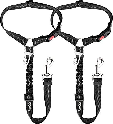 SlowTon Dog Seat Belt, 2 Pack Pet Car Seatbelt with Elastic Bungee Buffer, 2 in 1 Adjustable Headrest Restraint Reflective Puppy Safety Harness (Black-Dual Use)