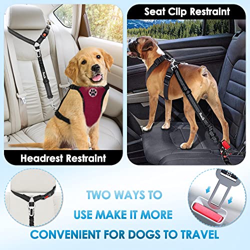 SlowTon Dog Seat Belt, 2 Pack Pet Car Seatbelt with Elastic Bungee Buffer, 2 in 1 Adjustable Headrest Restraint Reflective Puppy Safety Harness (Black-Dual Use)