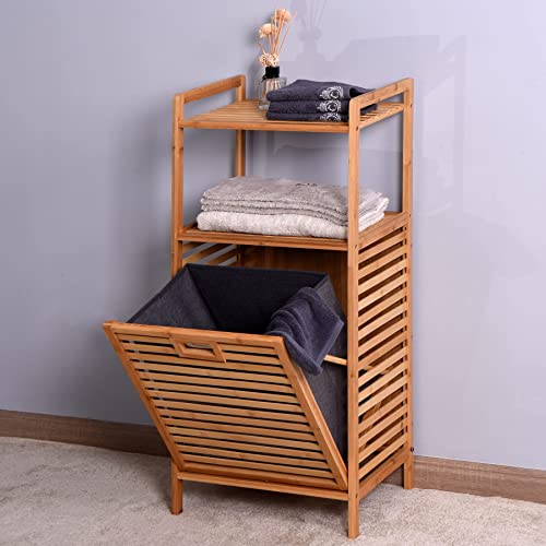 Eytruty Bamboo Tilt-Out Laundry Hamper Cabinet Free-Standing Ventilated Dirty Clothes Organizer with 2-Tier Storage Shelf & Removable Fabric Bin for Bathroom, Bedroom, Living Room