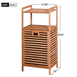 Eytruty Bamboo Tilt-Out Laundry Hamper Cabinet Free-Standing Ventilated Dirty Clothes Organizer with 2-Tier Storage Shelf & Removable Fabric Bin for Bathroom, Bedroom, Living Room