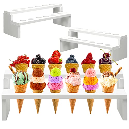 Wooden Ice Cream Cone Holder Stand with 12 Holes Multi Level Wooden Ice Cream Stand Food Cone Display Stand Hand Roll Sushi Popcorn Stand for Restaurants Catered Events Wedding Decoration