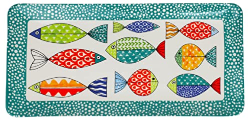 Euro Ceramica FreshCatch Collection 15-Inch Rectangular Serving Tray - Indoor/Outdoor Use - Colorful Cute Fish Pattern on White (FRC-86-3919)