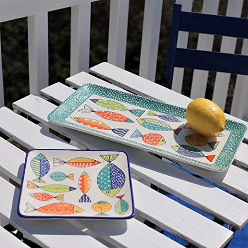 Euro Ceramica FreshCatch Collection 15-Inch Rectangular Serving Tray - Indoor/Outdoor Use - Colorful Cute Fish Pattern on White (FRC-86-3919)