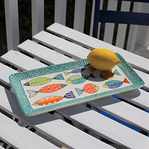 Euro Ceramica FreshCatch Collection 15-Inch Rectangular Serving Tray - Indoor/Outdoor Use - Colorful Cute Fish Pattern on White (FRC-86-3919)