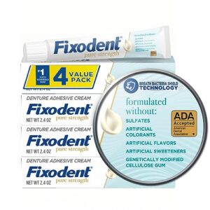 fixodent pure strength secure denture adhesive cream for full and partial denture wearers, 2.4oz (pack of 4)