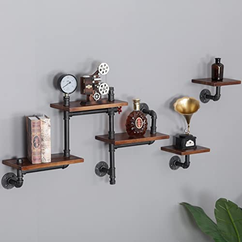 SSS Furniture Industrial Rustic Pipe Shelving Floating Shelves Wall Mounted, 5 Laye Modern Wood Ladder Pipe Wall Shelf for Bar Living Room DIY Storage Shelving Bookcase