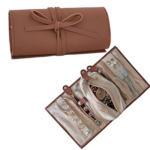 INGEAR Jewelry Organizer Roll Bag for Women Girls Jewelry Box Organizer Bracelet Holder Earring Holder Organizer Jewelry Travel Organizer Clutch Purses for Women (Brown)