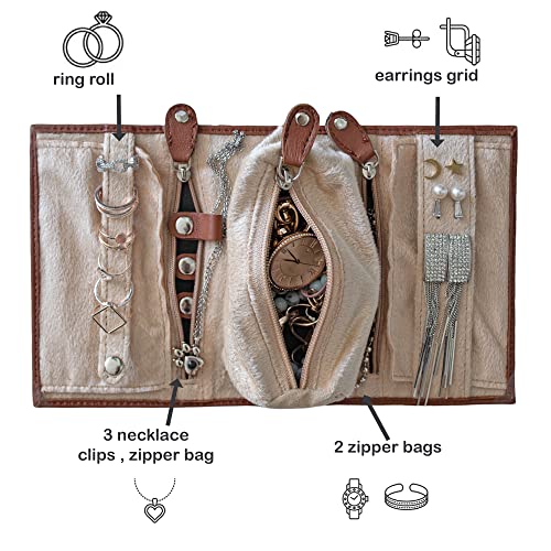 INGEAR Jewelry Organizer Roll Bag for Women Girls Jewelry Box Organizer Bracelet Holder Earring Holder Organizer Jewelry Travel Organizer Clutch Purses for Women (Brown)