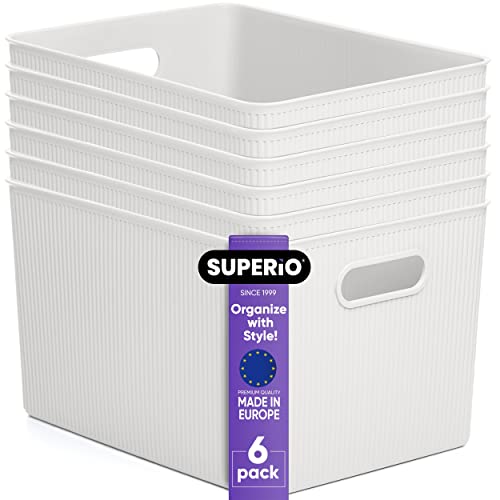 Superio Ribbed Collection - Decorative Plastic Open Home Storage Bins Organizer Baskets, X-Large White (6 Pack) Container Boxes for Organizing Closet Shelves Drawer Shelf 22 Liter/23 Quart