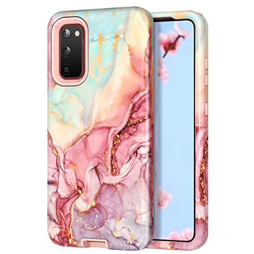 Btscase for Galaxy S20 FE 5G Case, Marble Pattern 3 in 1 Heavy Duty Shockproof Full Body Rugged Hard PC+Soft Silicone Drop Protective Women Girl Covers for Samsung Galaxy S20 FE, Rose Gold