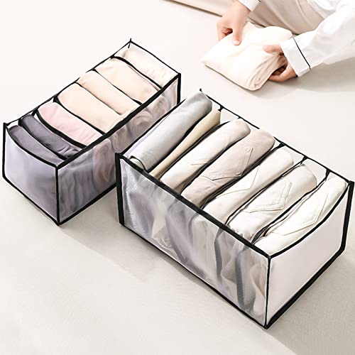 2PCS Wardrobe Clothes Organizer, Drawer Organizer Clothes Organizer Wardrobe Organizer Jeans Compartment Storage Box Foldable Closet Drawer Organizer, Mesh Clothes Organizer for Folded Clothes, Black