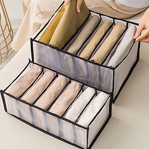 2PCS Wardrobe Clothes Organizer, Drawer Organizer Clothes Organizer Wardrobe Organizer Jeans Compartment Storage Box Foldable Closet Drawer Organizer, Mesh Clothes Organizer for Folded Clothes, Black