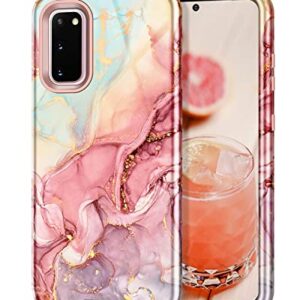 Btscase Compatible with Samsung Galaxy S20 Case 6.2 Inch, Marble Pattern 3 in 1 Heavy Duty Shockproof Full Body Rugged Hard PC+Soft Silicone Drop Protective Women Girl Phone Case, Rose Gold