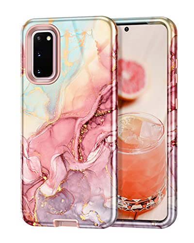 Btscase Compatible with Samsung Galaxy S20 Case 6.2 Inch, Marble Pattern 3 in 1 Heavy Duty Shockproof Full Body Rugged Hard PC+Soft Silicone Drop Protective Women Girl Phone Case, Rose Gold