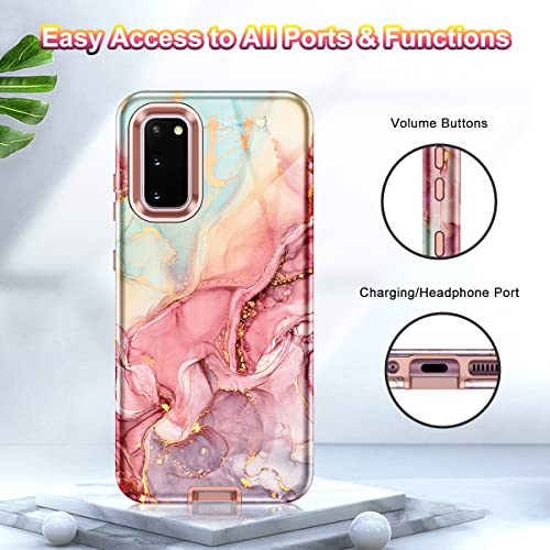 Btscase Compatible with Samsung Galaxy S20 Case 6.2 Inch, Marble Pattern 3 in 1 Heavy Duty Shockproof Full Body Rugged Hard PC+Soft Silicone Drop Protective Women Girl Phone Case, Rose Gold