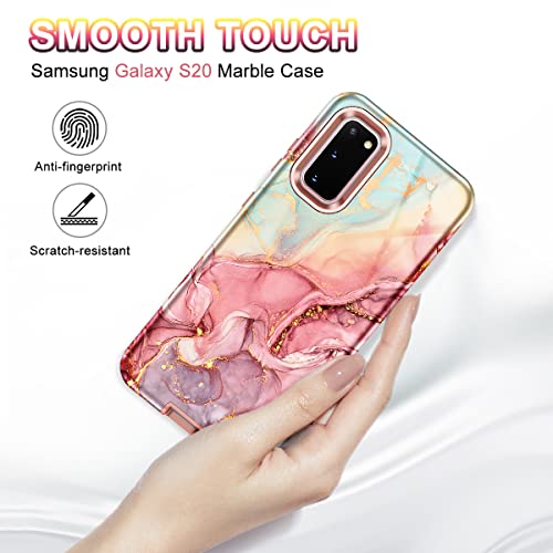 Btscase Compatible with Samsung Galaxy S20 Case 6.2 Inch, Marble Pattern 3 in 1 Heavy Duty Shockproof Full Body Rugged Hard PC+Soft Silicone Drop Protective Women Girl Phone Case, Rose Gold