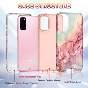 Btscase Compatible with Samsung Galaxy S20 Case 6.2 Inch, Marble Pattern 3 in 1 Heavy Duty Shockproof Full Body Rugged Hard PC+Soft Silicone Drop Protective Women Girl Phone Case, Rose Gold