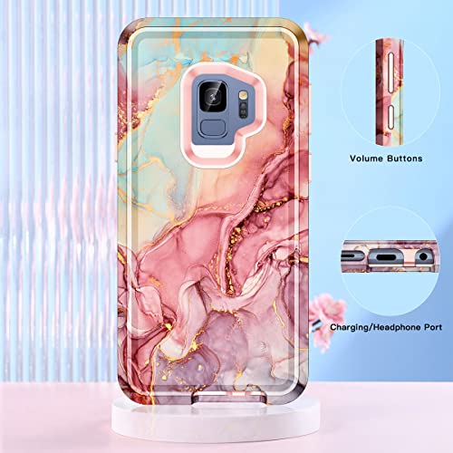 Btscase Compatible with Samsung Galaxy S9 Case, Marble Pattern 3 in 1 Heavy Duty Shockproof Full Body Hard PC+Soft Silicone Drop Protective Women Girls Cover for Samsung Galaxy S9 (2018), Rose Gold