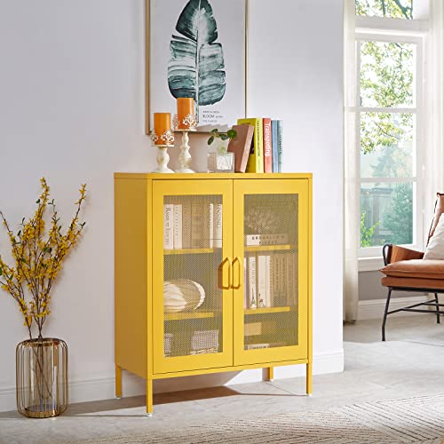 SPACEROCK Storage Cabinet Kitchen Buffet Pantry 40“ Stylish Metal Pantry Cabinet with 2 Mesh Doors, Suitable for Office, Dining Room, Living Room, Yellow