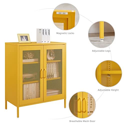 SPACEROCK Storage Cabinet Kitchen Buffet Pantry 40“ Stylish Metal Pantry Cabinet with 2 Mesh Doors, Suitable for Office, Dining Room, Living Room, Yellow