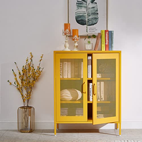 SPACEROCK Storage Cabinet Kitchen Buffet Pantry 40“ Stylish Metal Pantry Cabinet with 2 Mesh Doors, Suitable for Office, Dining Room, Living Room, Yellow