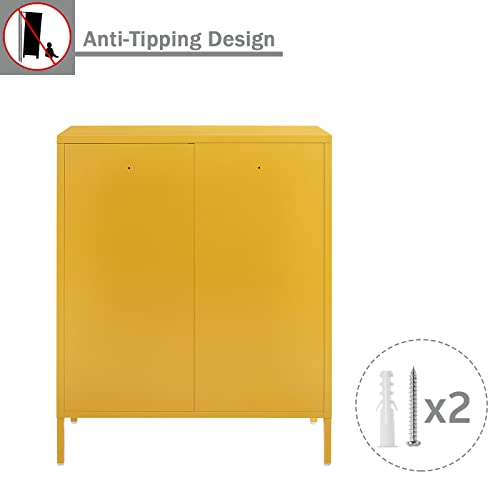 SPACEROCK Storage Cabinet Kitchen Buffet Pantry 40“ Stylish Metal Pantry Cabinet with 2 Mesh Doors, Suitable for Office, Dining Room, Living Room, Yellow