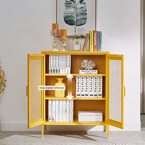 SPACEROCK Storage Cabinet Kitchen Buffet Pantry 40“ Stylish Metal Pantry Cabinet with 2 Mesh Doors, Suitable for Office, Dining Room, Living Room, Yellow