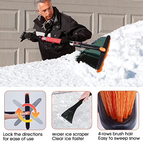 FOVAL 47.2" Extendable Snow Brush and Wider Ice Scraper (4.73" Width) with 360° Pivoting Brush Head, Snow Removal Tool Car Brush with Comfortable Foam Grip for Car Windshield, Trucks, SUVs