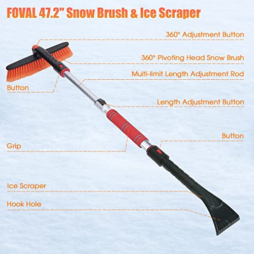 FOVAL 47.2" Extendable Snow Brush and Wider Ice Scraper (4.73" Width) with 360° Pivoting Brush Head, Snow Removal Tool Car Brush with Comfortable Foam Grip for Car Windshield, Trucks, SUVs