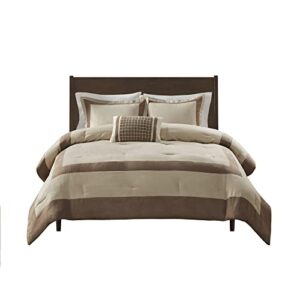 Madison Park Darcey Cozy Comforter Set, Faux Suede, Deluxe Hotel Styling All Season Down Alternative Bedding Matching Shams, Decorative Pillow, Full/Queen(90 in x 90 in), Border Taupe 4 Piece