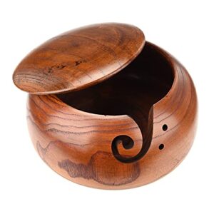 btpouy wooden yarn bowl with lid round knitting yarn bowls with holes handmade yarn storage bowl yarn holder for crocheting and knitting, 5.7x3.4 inch