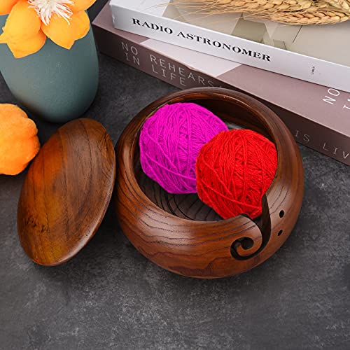 BTPOUY Wooden Yarn Bowl with Lid Round Knitting Yarn Bowls with Holes Handmade Yarn Storage Bowl Yarn Holder for Crocheting and Knitting, 5.7x3.4 Inch