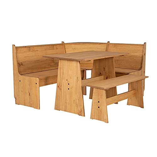 Riverbay Furniture Pine Wood Indoor 3 Piece Kitchen Corner Table Booth Bench Breakfast Dining Nook Set in Natural