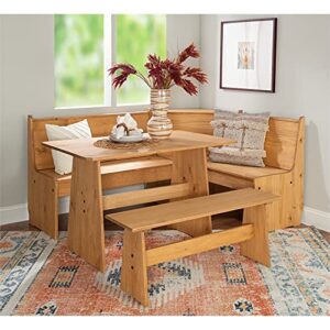 Riverbay Furniture Pine Wood Indoor 3 Piece Kitchen Corner Table Booth Bench Breakfast Dining Nook Set in Natural