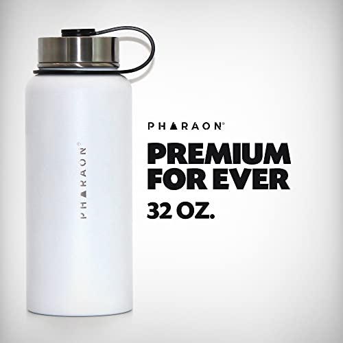 PHARAON Reusable Sport & Hiking Water Bottle | Vacuum Insulated Stainless Steel | Double Walled | BPA Free | Leak Proof | Travel Friendly | Includes 3 Lids | Hot & Cold Beverages | 32 Oz Color White