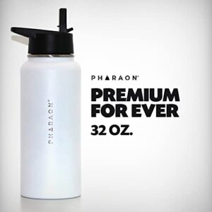 PHARAON Reusable Sport & Hiking Water Bottle | Vacuum Insulated Stainless Steel | Double Walled | BPA Free | Leak Proof | Travel Friendly | Includes 3 Lids | Hot & Cold Beverages | 32 Oz Color White