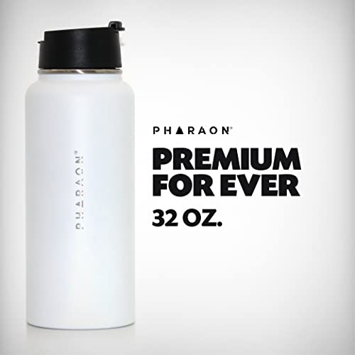 PHARAON Reusable Sport & Hiking Water Bottle | Vacuum Insulated Stainless Steel | Double Walled | BPA Free | Leak Proof | Travel Friendly | Includes 3 Lids | Hot & Cold Beverages | 32 Oz Color White