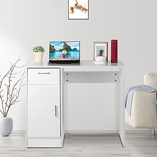 TOPINCN Computer Desk, 1 Drawer 1 Door Compact Computer PC Laptop Desk Home Laptop Notebook Computer Desk Modern Simple Style Office Desks Workstations Gaming Desk for Home Office Bedroom(White)