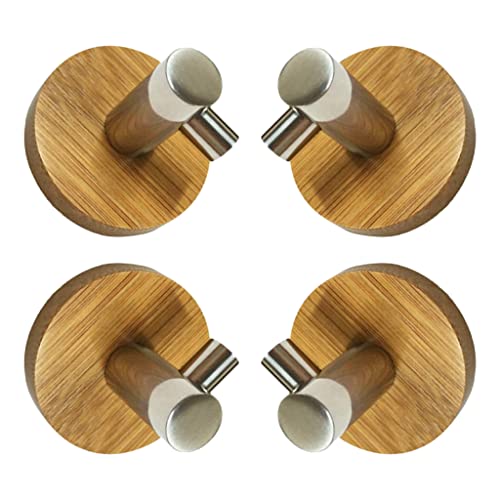 Towel Hooks, Strong & Sturdy, Modern 304 Stainless Steel and Bamboo Robe Hooks, Waterproof Adhesive Hooks for Hanging Towels, Jackets, Keys, Robes, etc. in The Home, Kitchen, Bathroom (4-Pack)