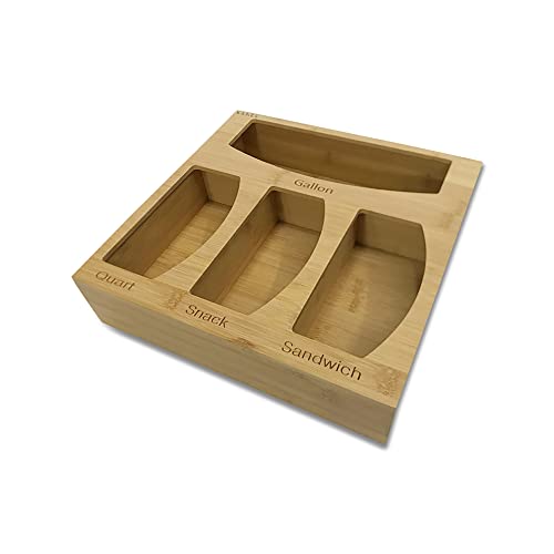 Kraze Home Bamboo Ziplock Bag Organizer & Dispenser, Kitchen Drawer Organizer, Bamboo Drawer Organizer, Baggie Organizer, Compatible with Ziploc/Glad/Gallon/Quart/Sandwich & Snack Size Bags