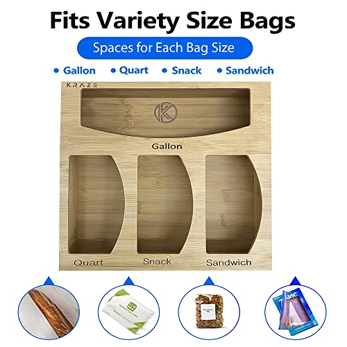 Kraze Home Bamboo Ziplock Bag Organizer & Dispenser, Kitchen Drawer Organizer, Bamboo Drawer Organizer, Baggie Organizer, Compatible with Ziploc/Glad/Gallon/Quart/Sandwich & Snack Size Bags