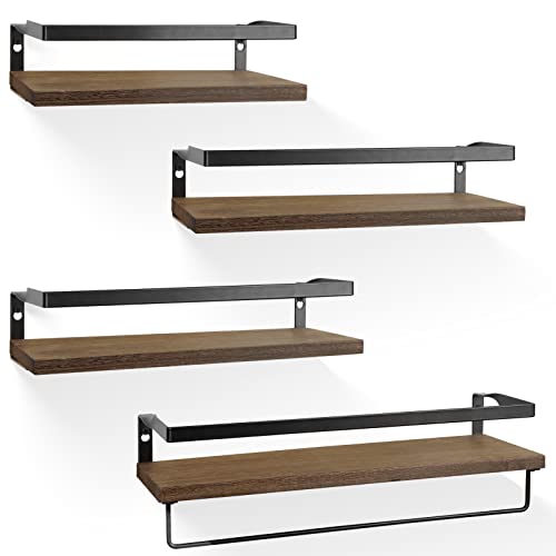 Fixwal 4 Set Floating Shelves Bathroom Shelves Wall Mounted Storage Shelves with Towel Bar for Living Room Kitchen Bedroom Bathroom Office Over Toilet