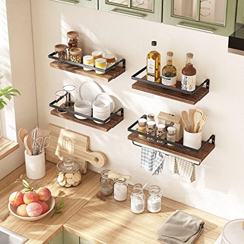 Fixwal 4 Set Floating Shelves Bathroom Shelves Wall Mounted Storage Shelves with Towel Bar for Living Room Kitchen Bedroom Bathroom Office Over Toilet