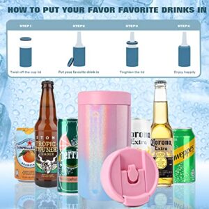 4 in 1 Slim Can Cooler with Lid for 12 OZ Skinny Can, Regular Can & Beer Bottle, Keep Cold for 6 Hours, Double Walled Stainless Steel Vacuum Beverage Can Insulator(Glitter Gradient)