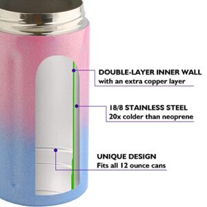 4 in 1 Slim Can Cooler with Lid for 12 OZ Skinny Can, Regular Can & Beer Bottle, Keep Cold for 6 Hours, Double Walled Stainless Steel Vacuum Beverage Can Insulator(Glitter Gradient)