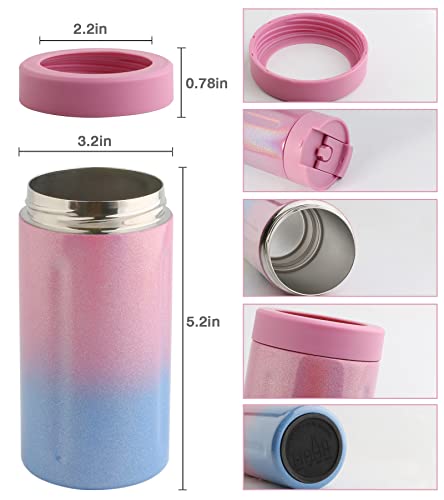 4 in 1 Slim Can Cooler with Lid for 12 OZ Skinny Can, Regular Can & Beer Bottle, Keep Cold for 6 Hours, Double Walled Stainless Steel Vacuum Beverage Can Insulator(Glitter Gradient)