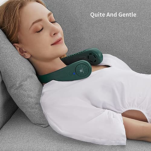 LAFANDO Portable Neck Fan, Dark Green Wearable Personal Fan, Hands Free Bladeless Fan, Hanging Fan, Headphone Design Traveling Cooling Fan, Quiet neck cooler, Leafless, USB Rechargeable, 3 Speeds