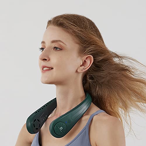 LAFANDO Portable Neck Fan, Dark Green Wearable Personal Fan, Hands Free Bladeless Fan, Hanging Fan, Headphone Design Traveling Cooling Fan, Quiet neck cooler, Leafless, USB Rechargeable, 3 Speeds