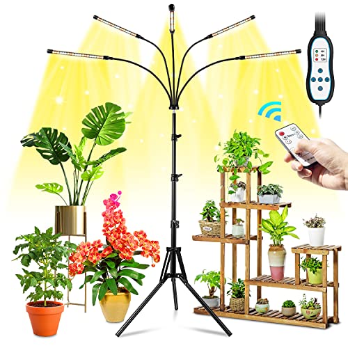 wolezek Grow Light with Stand, [5-Heads] LED Grow Lights for Indoor Plants Full Spectrum, Plant Grow Lamp 3000K 6500K 660nm, 4/8/12H Auto Timer, 12V 3A DC Adapter, Tripod 15-61in